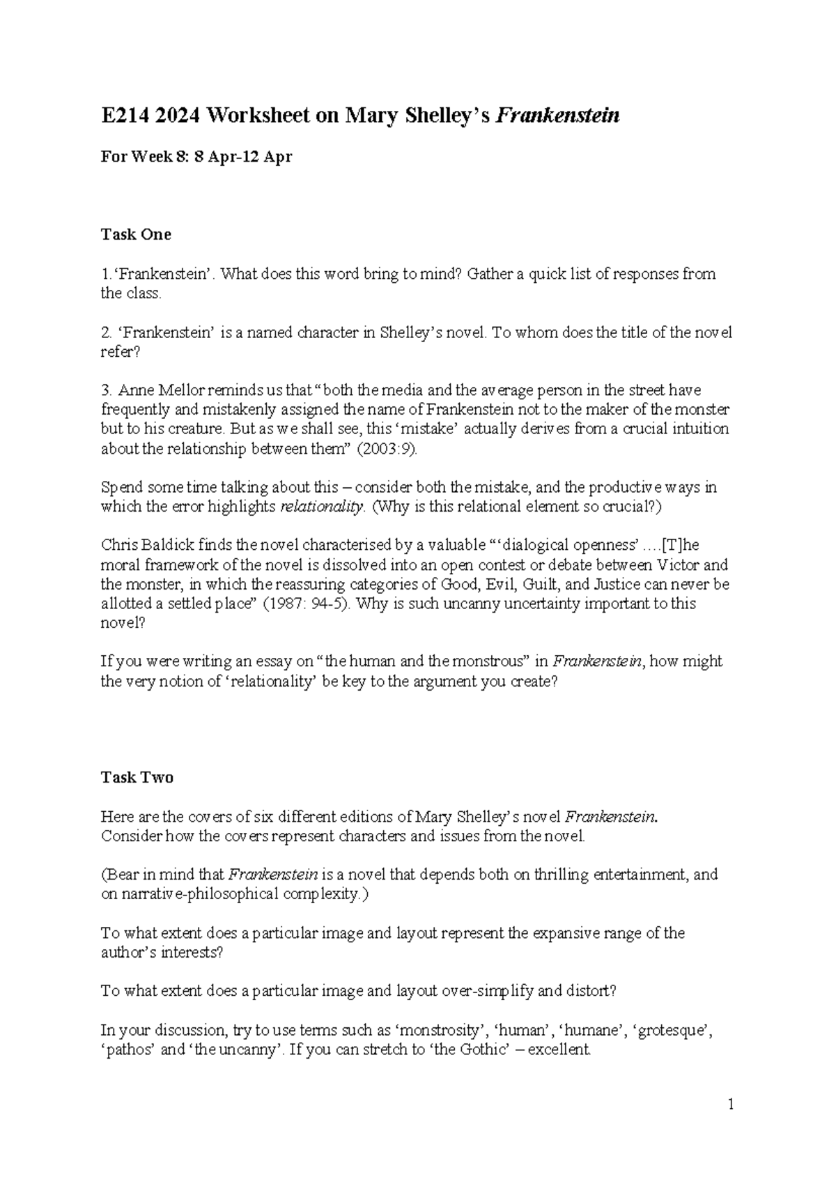Frankenstein Worksheet - E214 2024 Worksheet on Mary Shelley’s ...
