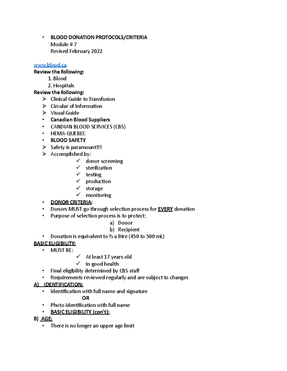 #7 Blood Donation Protocols - • BLOOD DONATION PROTOCOLS/CRITERIA ...