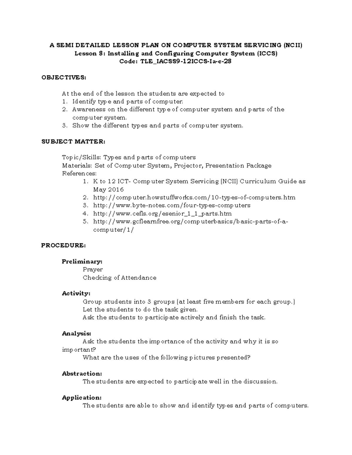 Doku - NONE - A SEMI DETAILED LESSON PLAN ON COMPUTER SYSTEM SERVICING ...