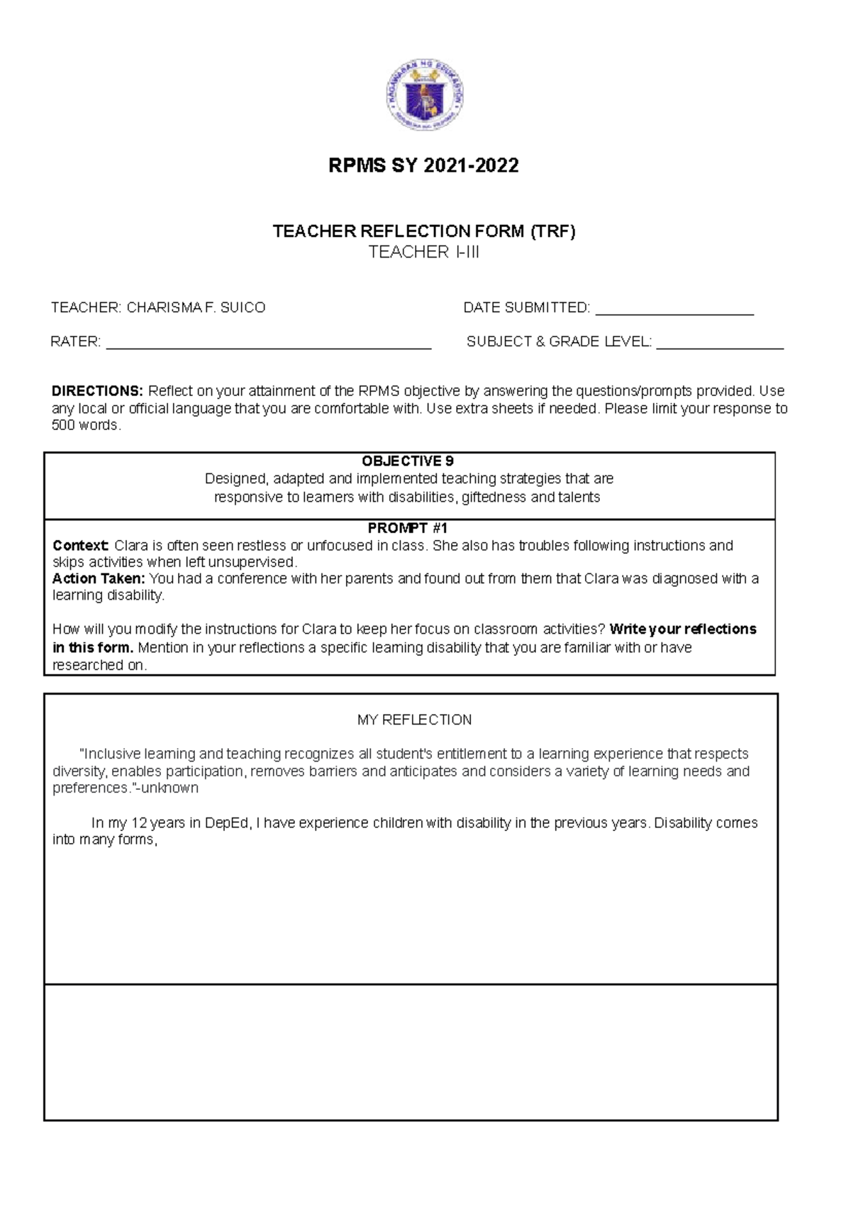 Kari objective 9 - english - RPMS SY 2021- TEACHER REFLECTION FORM (TRF ...