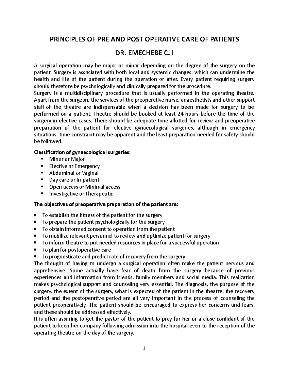 Preoperative AND POST Operative CARE OF Patients - PRINCIPLES OF PRE ...