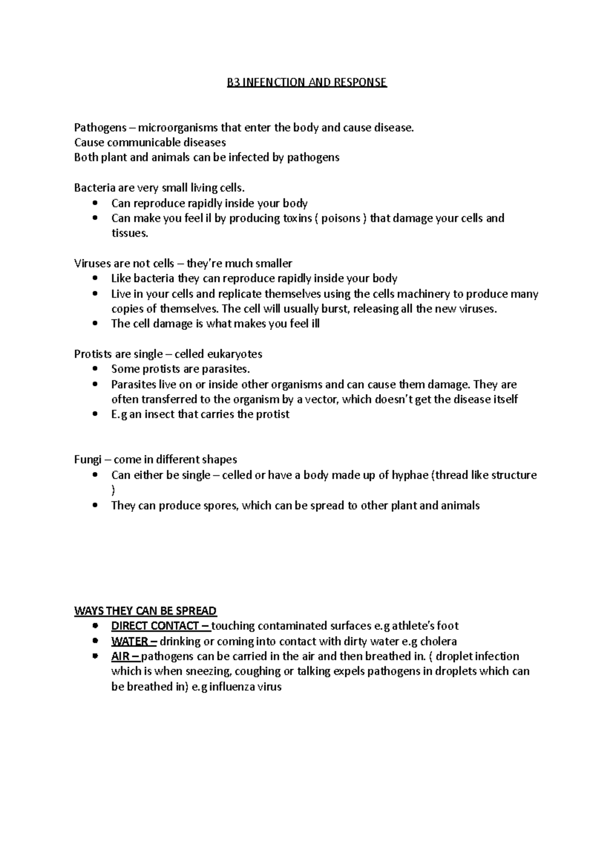 BIO B3 - classnotes - B3 INFENCTION AND RESPONSE Pathogens ...