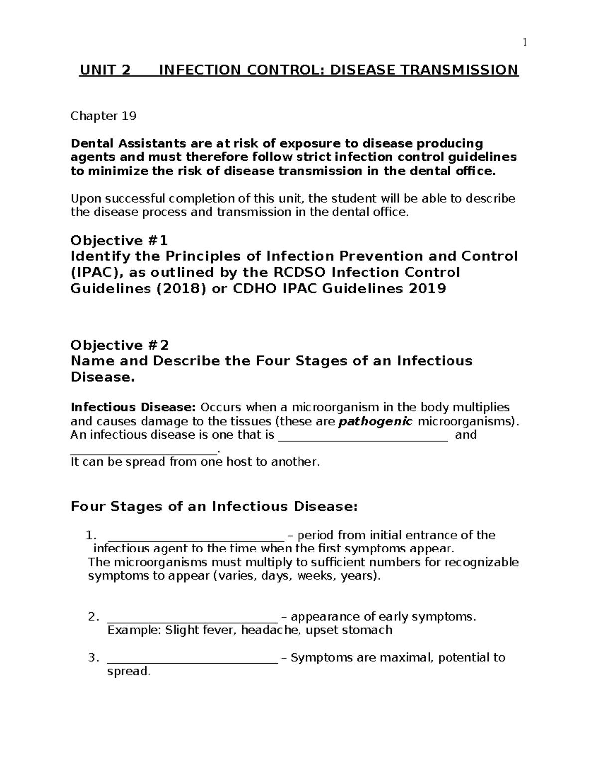UNIT 2 Handout - Notes - UNIT 2 INFECTION CONTROL: DISEASE TRANSMISSION ...