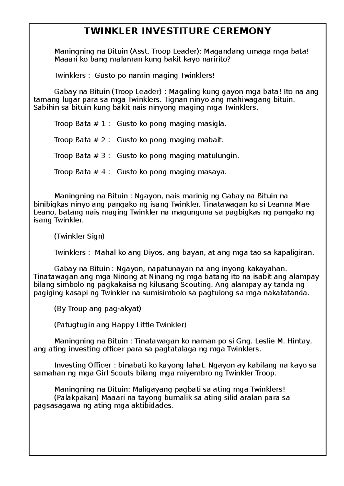 Twinkler Investiture Ceremony - TWINKLER INVESTITURE CEREMONY ...