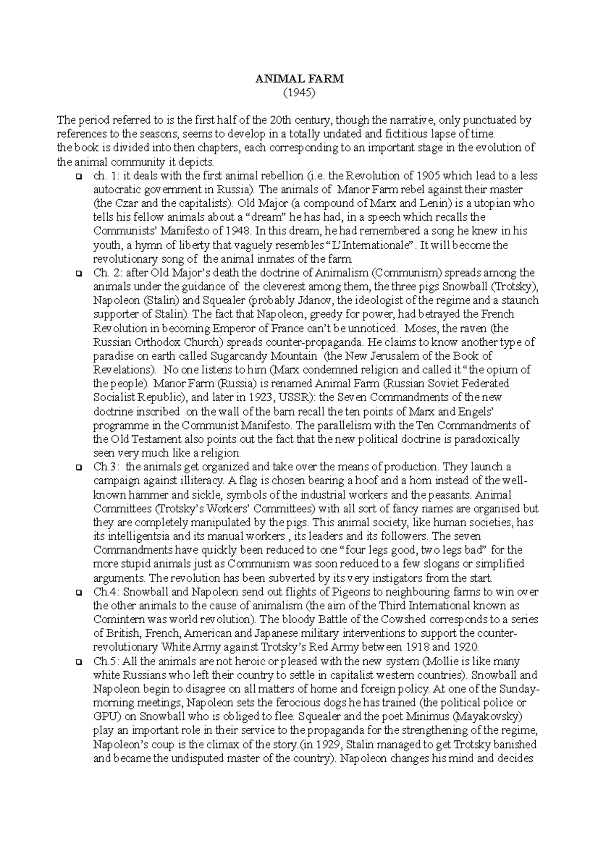 Animal Farm - appunti - ANIMAL FARM (1945) The period referred to is ...