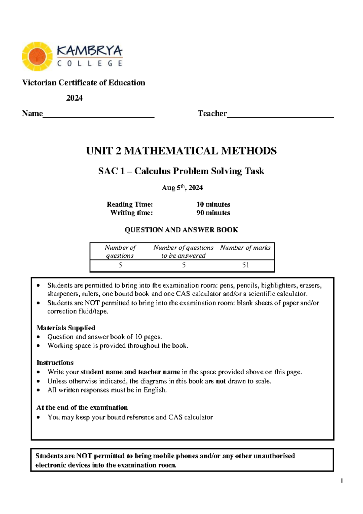 2024 Unit 2 Mathematical Methods SAC 1 - Calculus Application Task ...