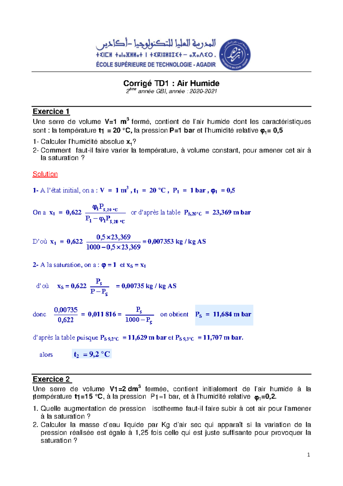 Corrigé TD1-Air Humide 2020-2021 - Corrigé TD1 : Air Humide 2 ème année ...