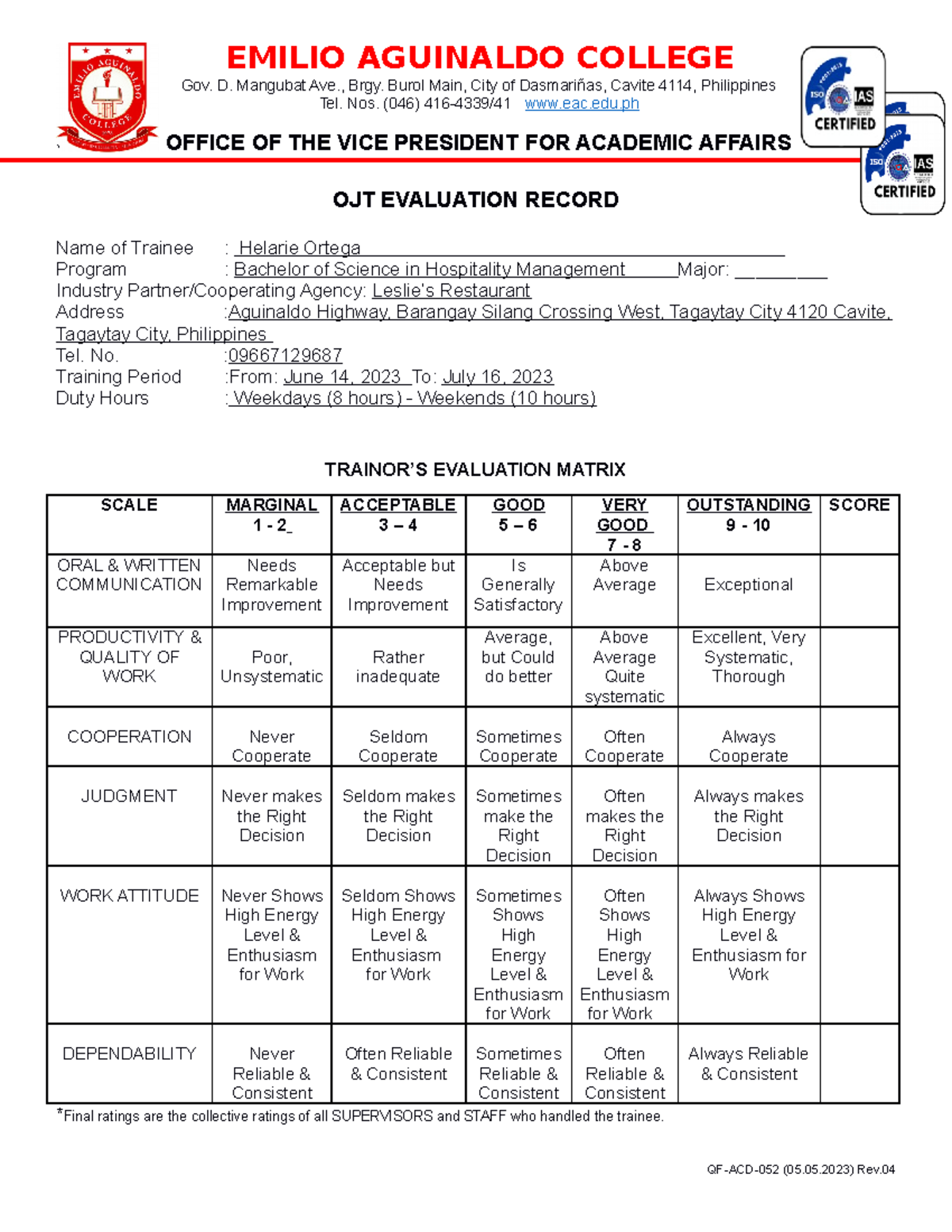 Ortega Evaluation Record - ` OJT EVALUATION RECORD Name of Trainee ...