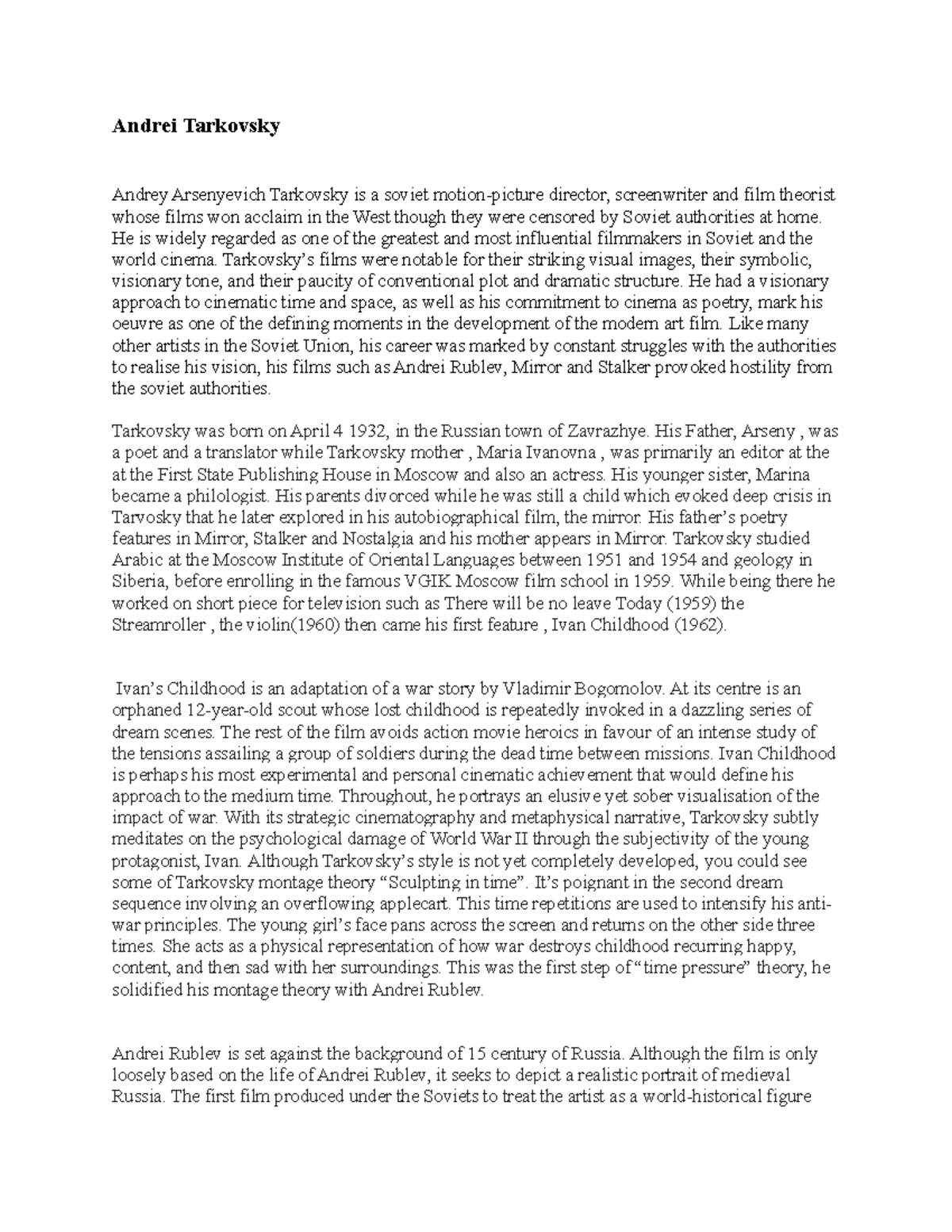 RUS 2104 2022 , Andrei Tarkovsky -Final Paper, Saint Pierre, Lindsay ...