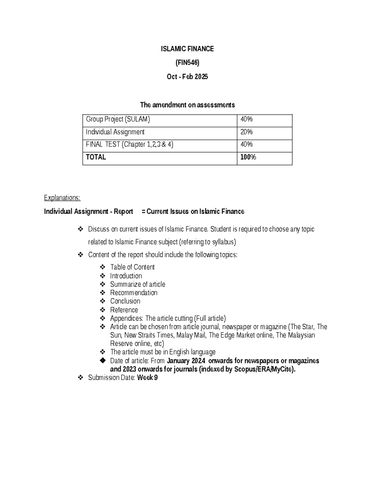 FIN546 Assessment OCT-FEB 2025 - ISLAMIC FINANCE (FIN546) Oct - Feb ...