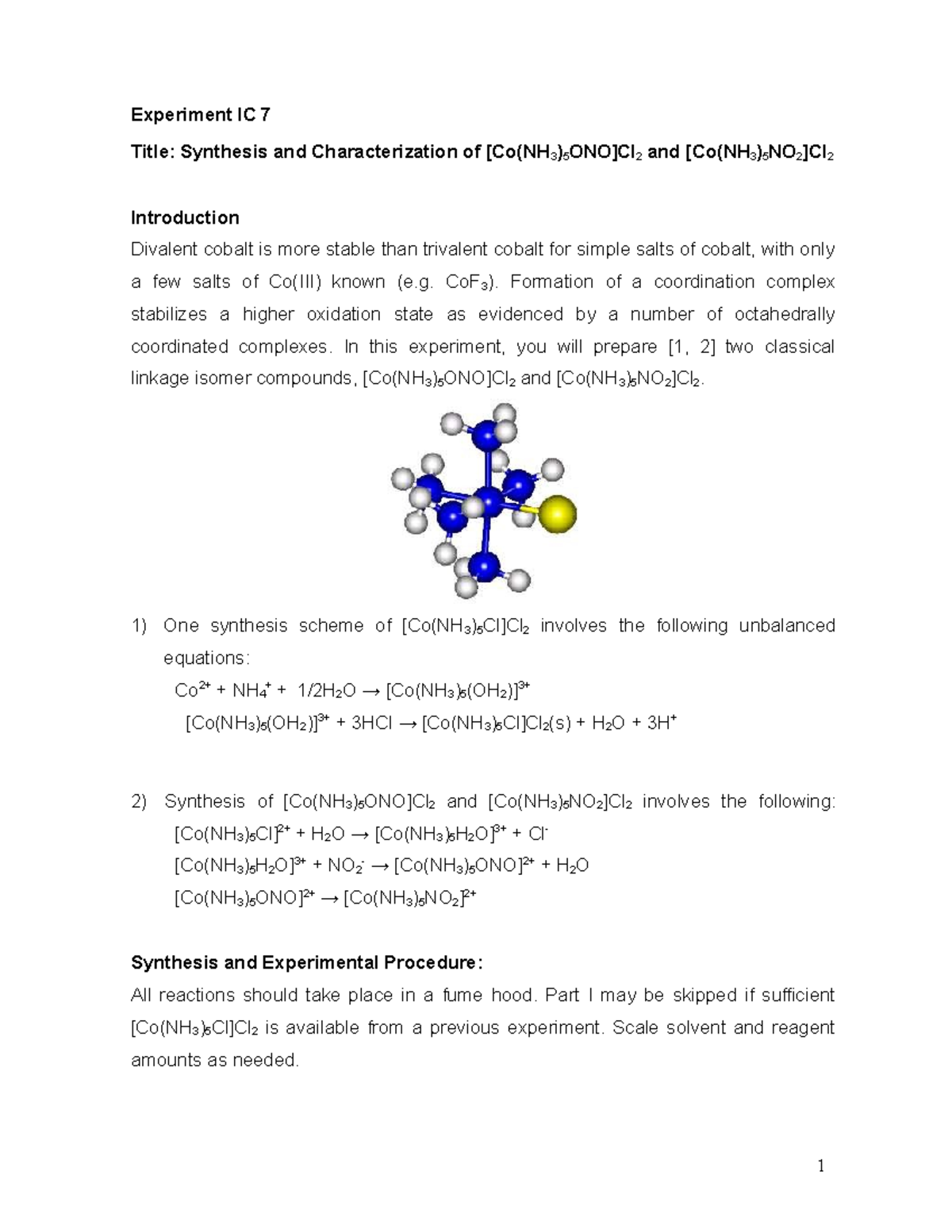 IC EXP 2 - practical for inorganic chemistry - Experiment IC 7 Title: Synthesis and ...