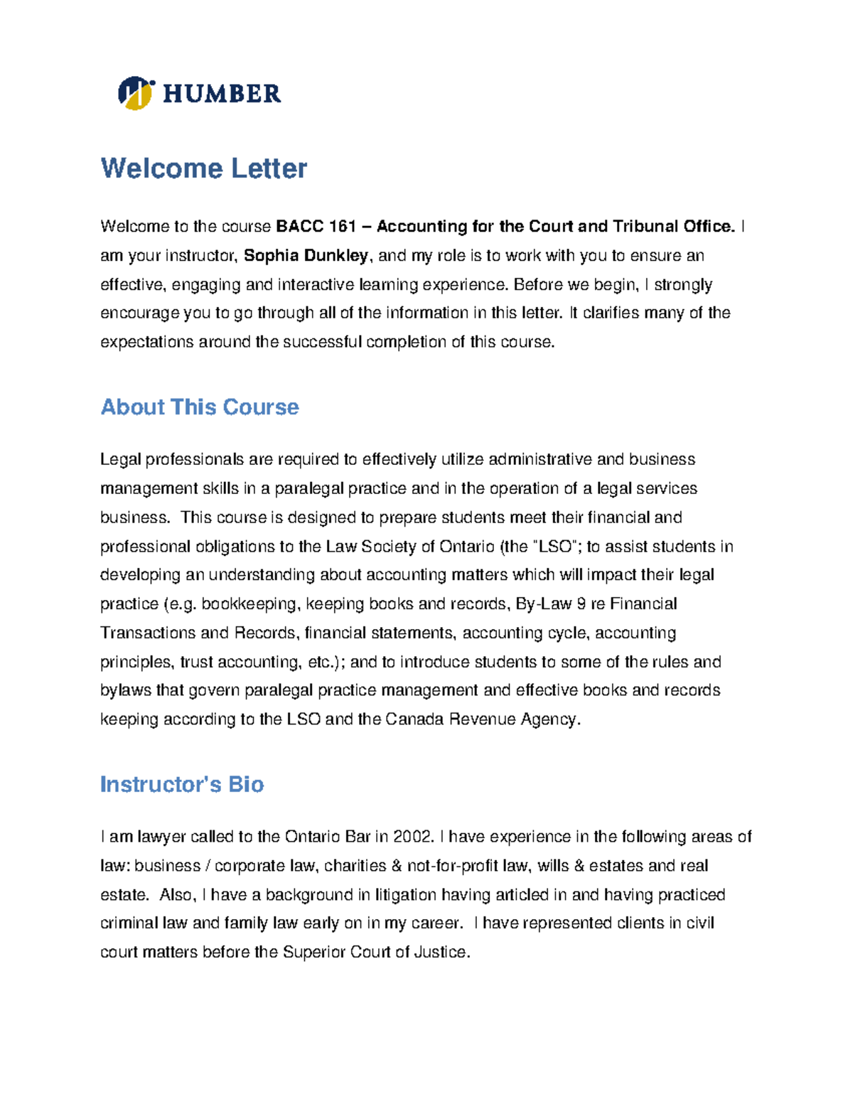 Welcome- Letter (Legal Accounting BACC 161) W23 - Welcome Letter ...