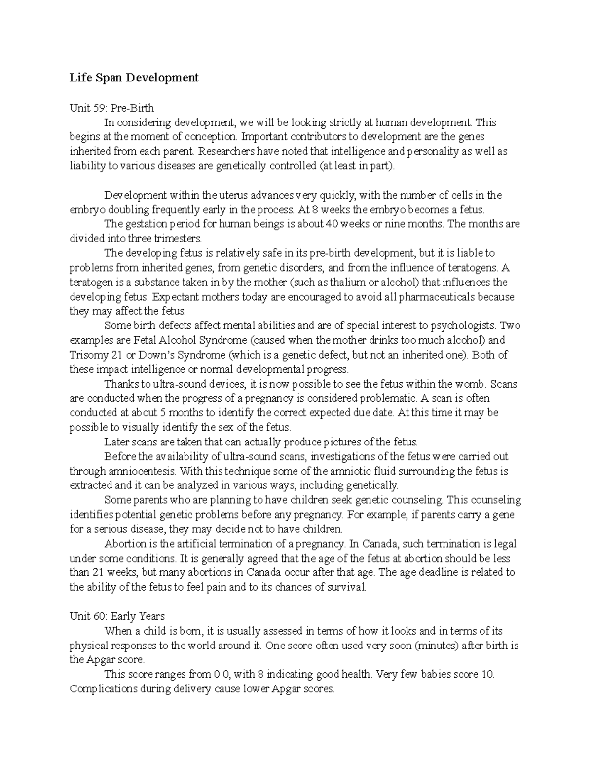 Life Span Development - Lecture notes - Entire Unit - Introduction to ...