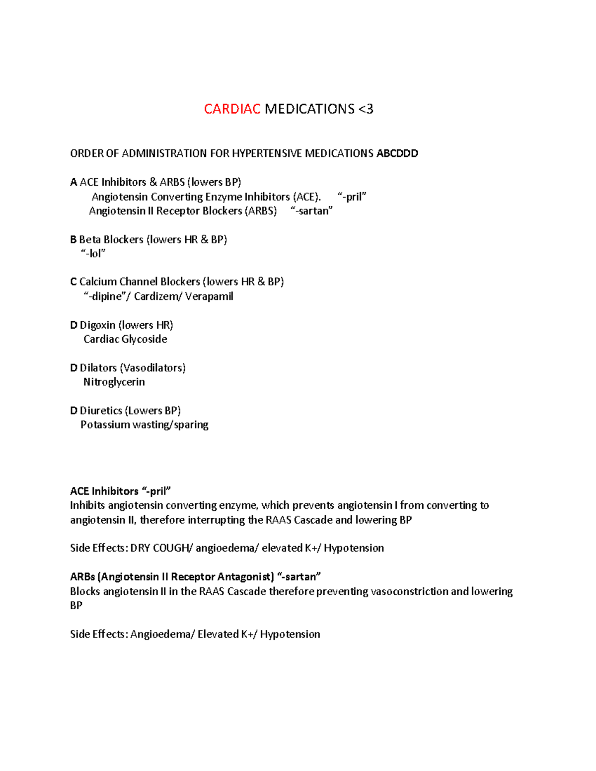 Cardiac Medications AND RAAS Cascade - CARDIAC MEDICATIONS