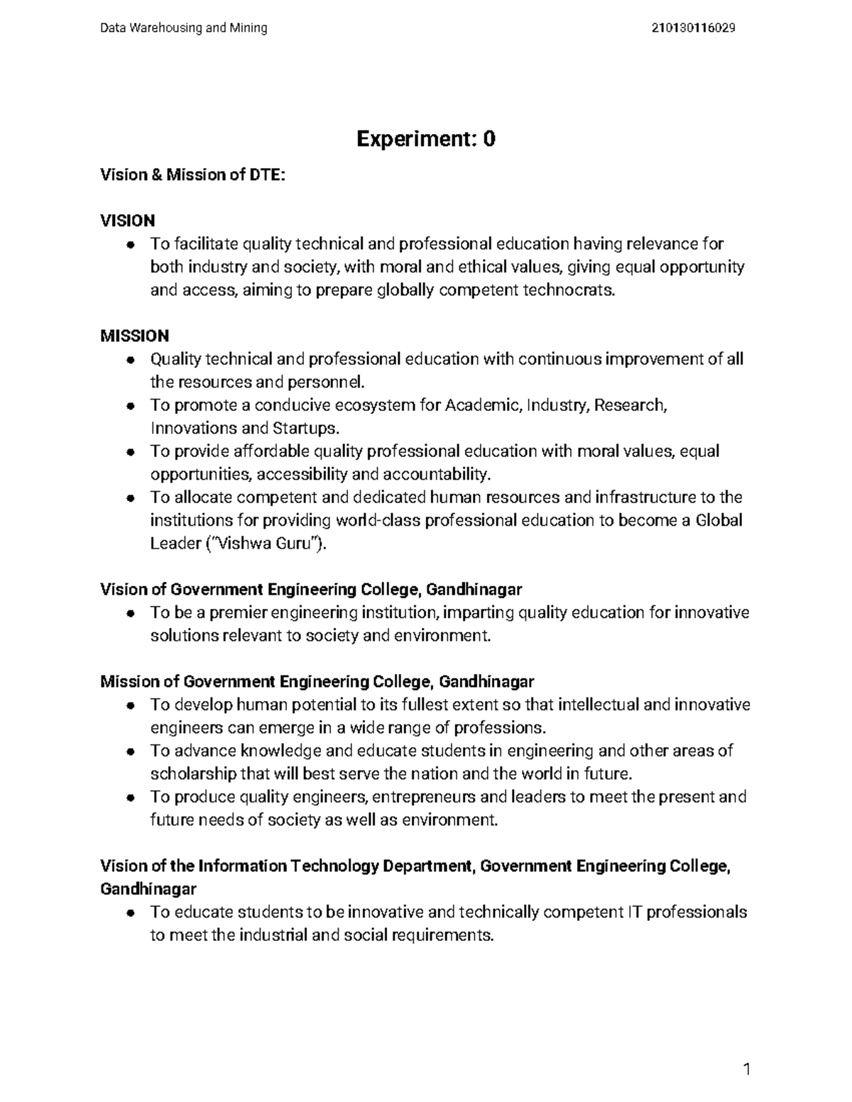 Data Warehouse and Mining Lab manual - Experiment: 0 Vision & Mission of DTE: VISION To - Studocu