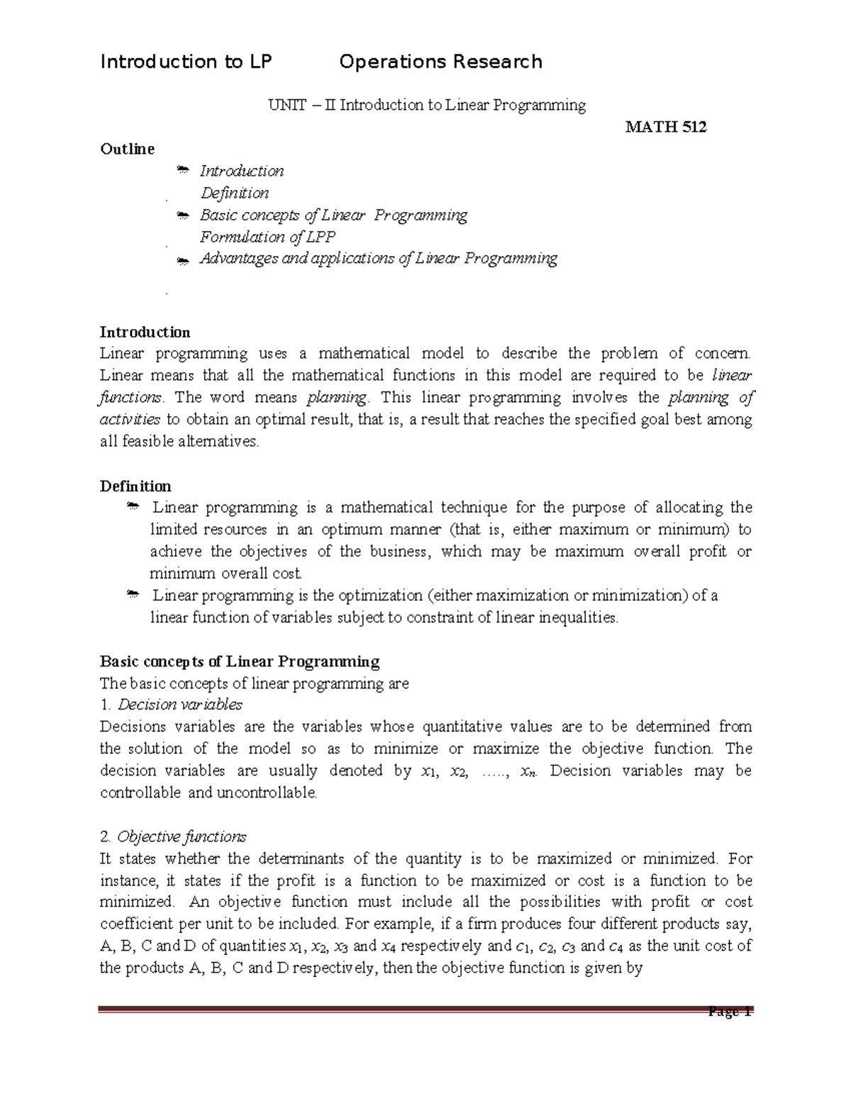 UNIT – II Introduction to Linear Programming - Outline UNIT – II Introduction to Linear - Studocu