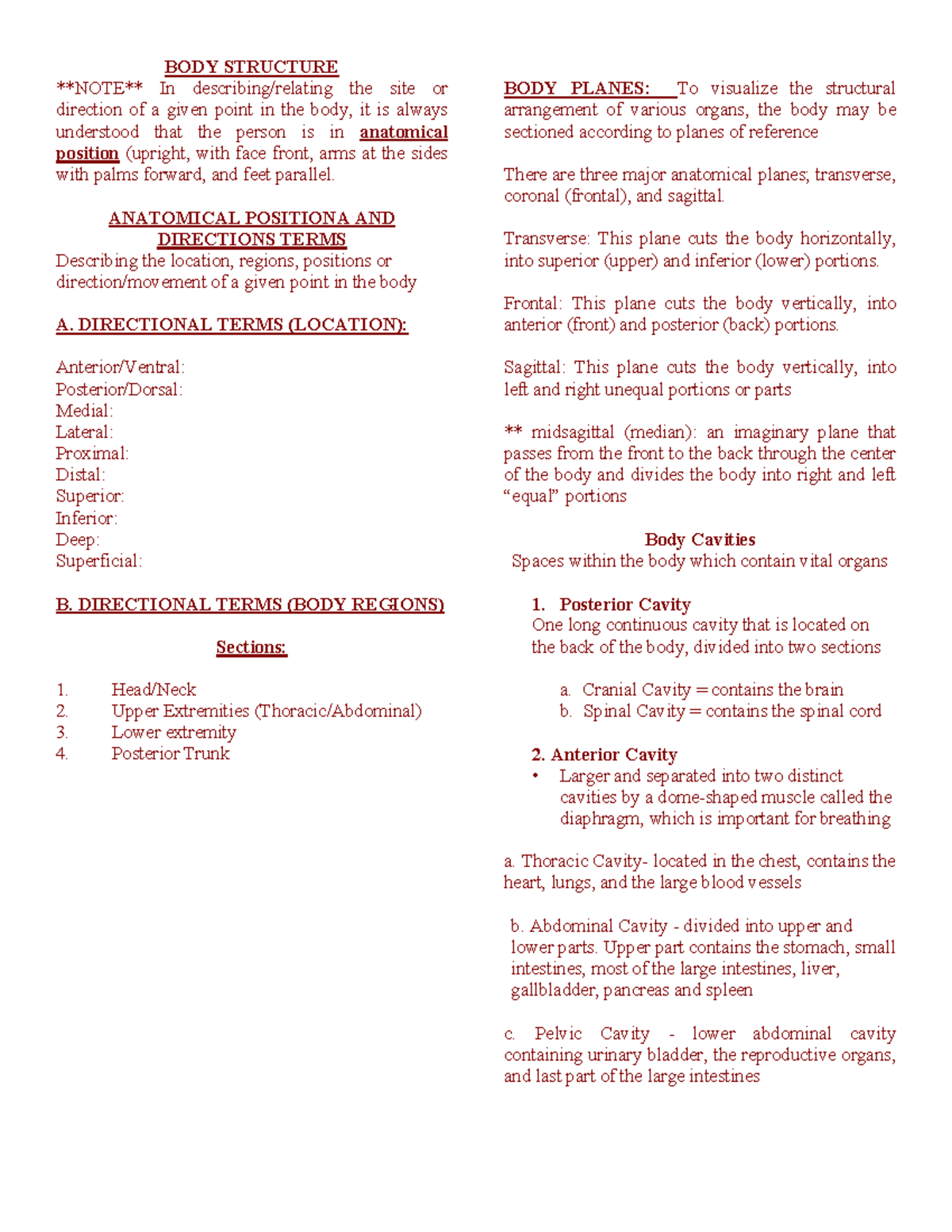 BODY Structure - nursing - BODY STRUCTURE NOTE In describing/relating ...