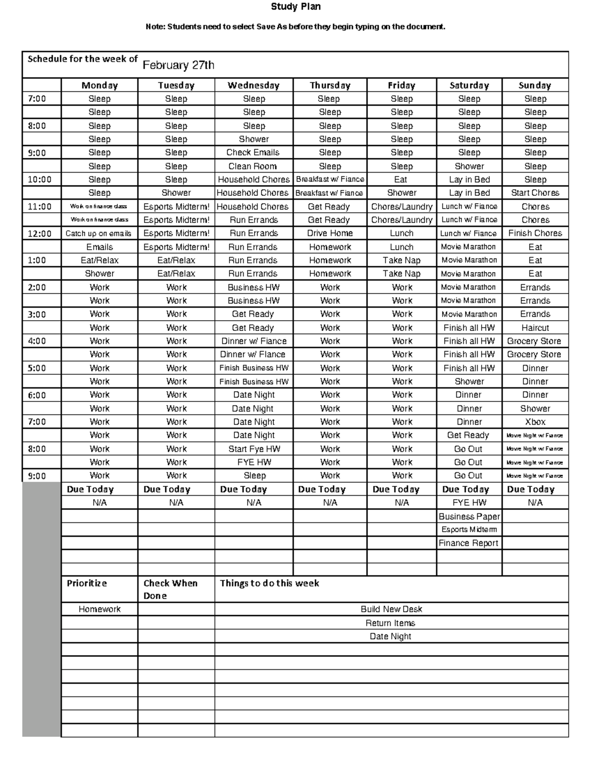 Study Plan - Schedule for the week of Monday Tuesday Wednesday Thursday ...