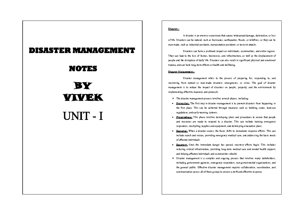 3 Units DM -1 - Reference - Disaster:- A disaster is an event or ...