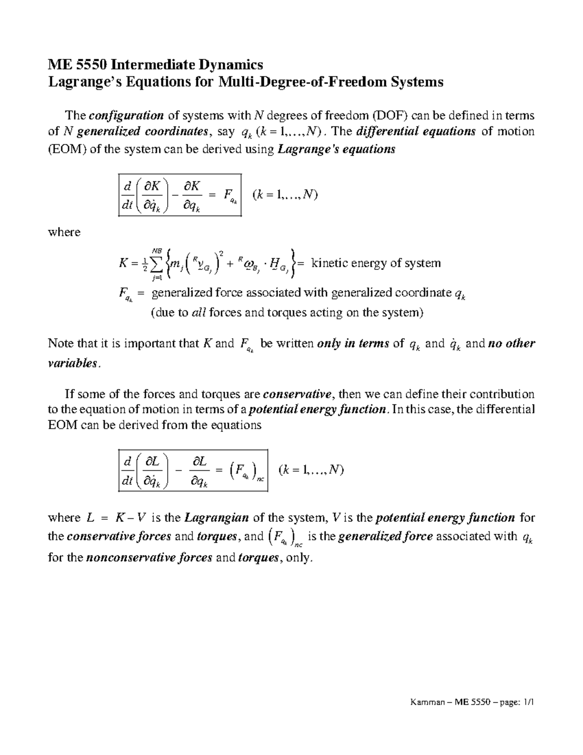 Me555Lagranges Equations NDOF - Kamman – ME 5550 – page: 1/ ME 5550 Intermediate Dynamics ...