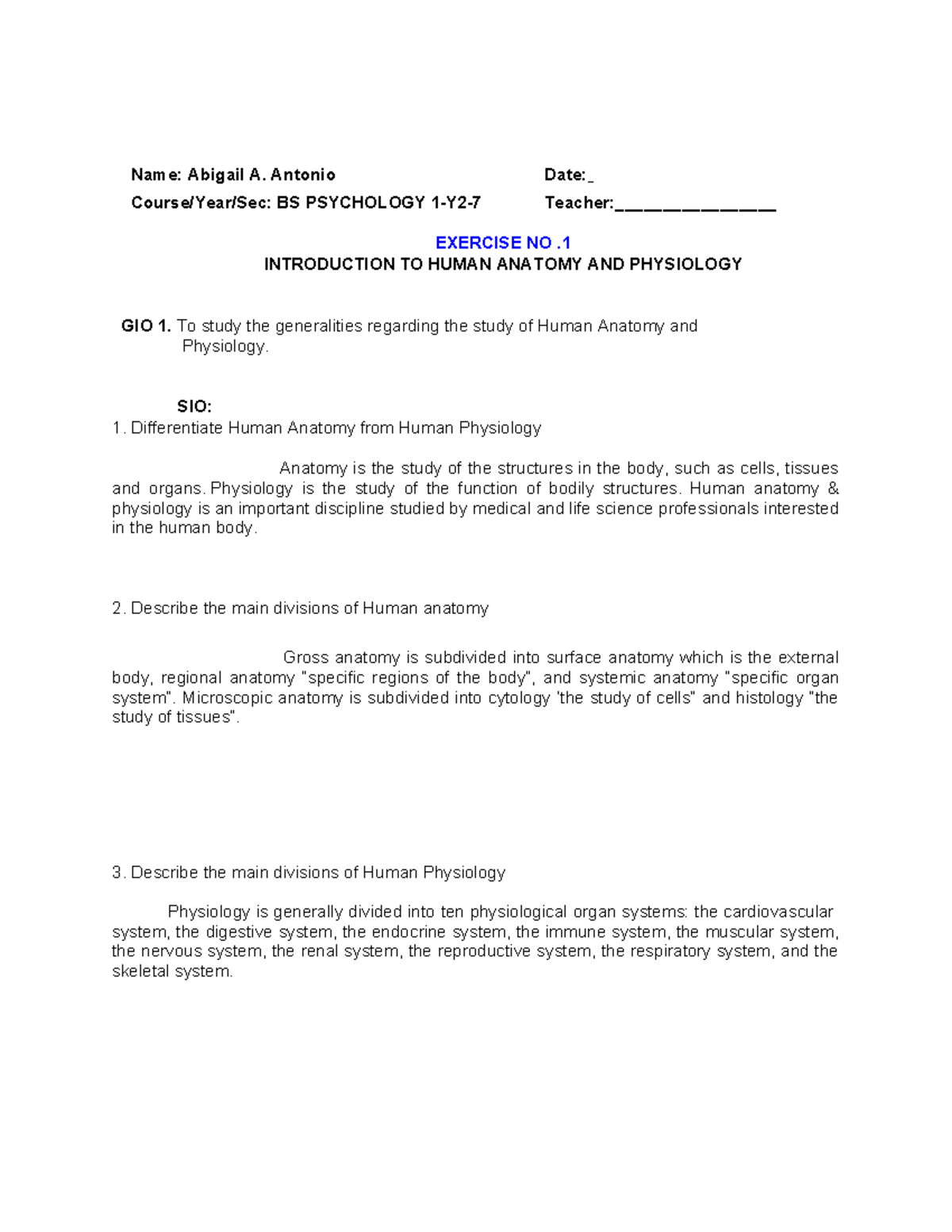 LAB Exercise Introduction to Human Anatomy and Physiology - Name ...