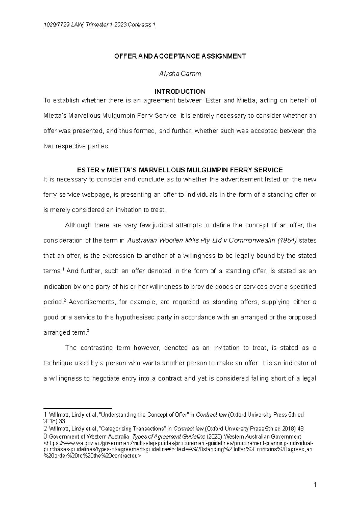 Offer and Acceptance Assignment - 1029/7729 LAW, Trimester 1 2023 ...