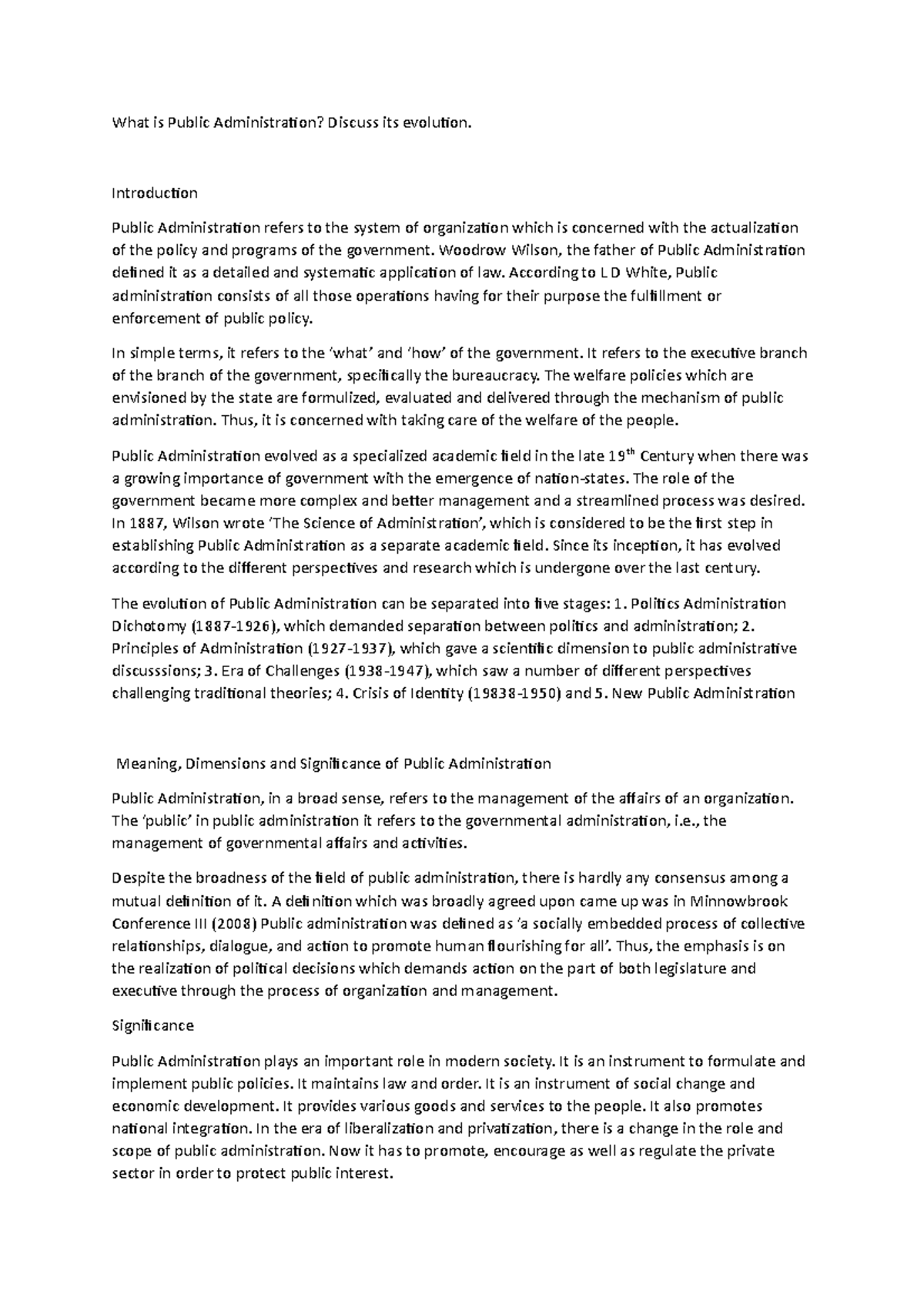 What is Public Administration - Introduction Public Administration refers to the system of - Studocu