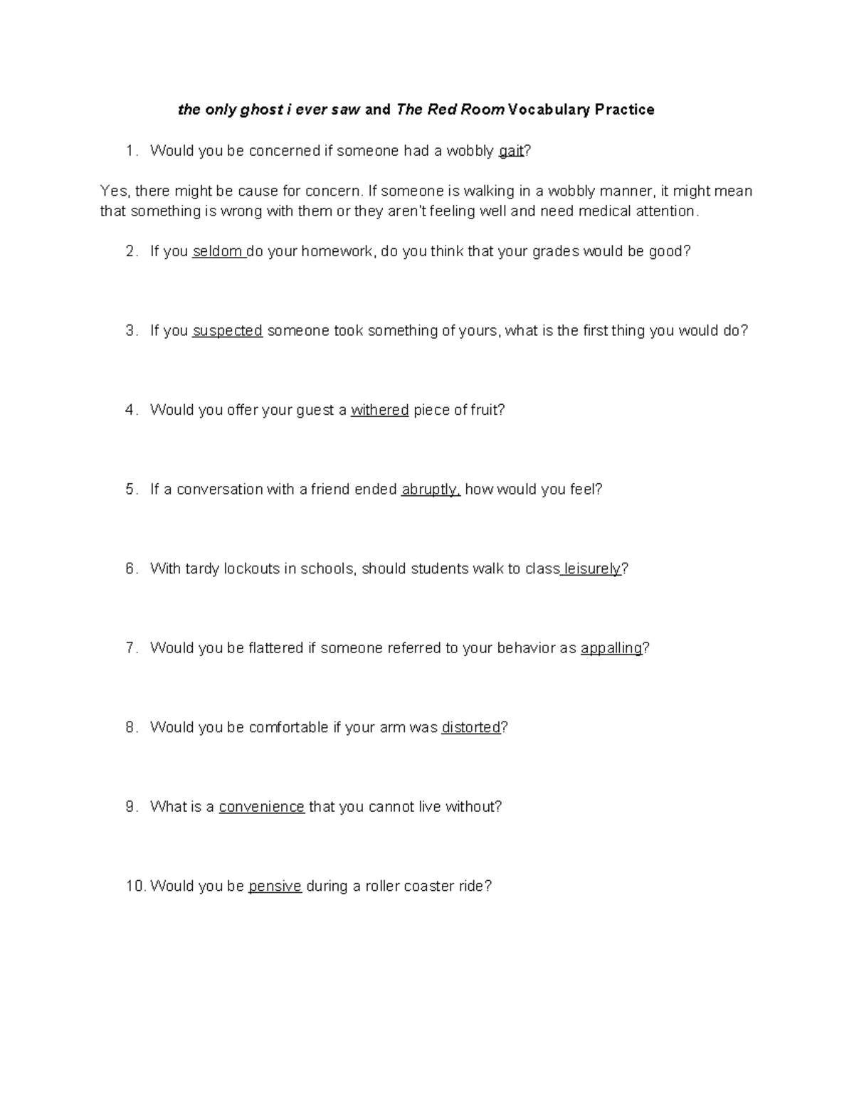 Pre-Reading Vocabulary Activity - the only ghost i ever saw and The Red ...