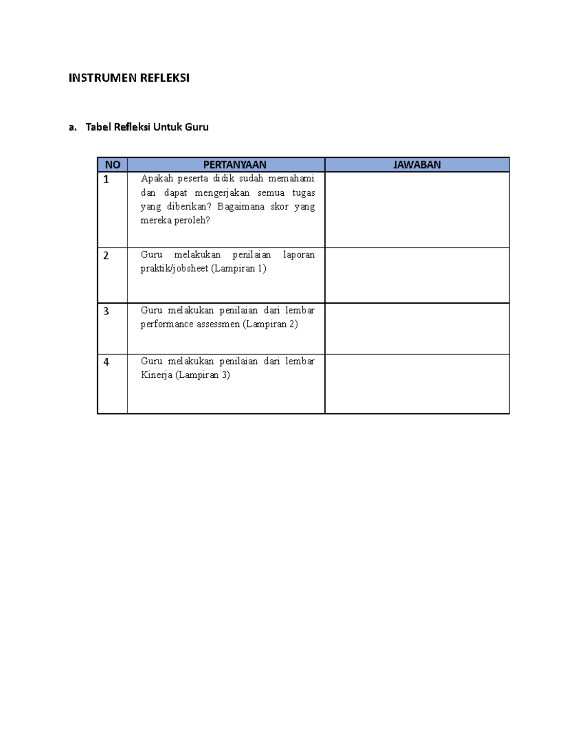 Instrumen Refleksi - penilaian - INSTRUMEN REFLEKSI a. Tabel Refleksi ...
