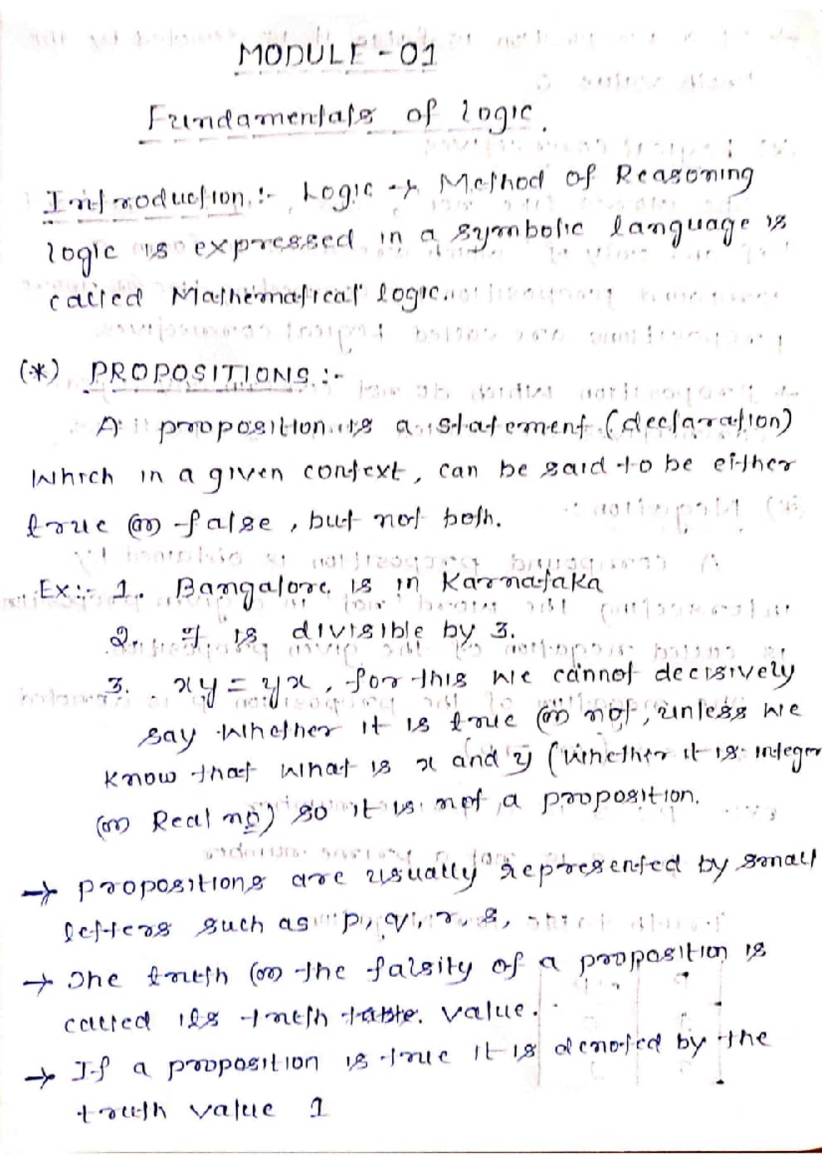 Module 1(Hand Written) - MODULE 01 Fundamentals of logic Introduction Logic y Method Reasoning ...