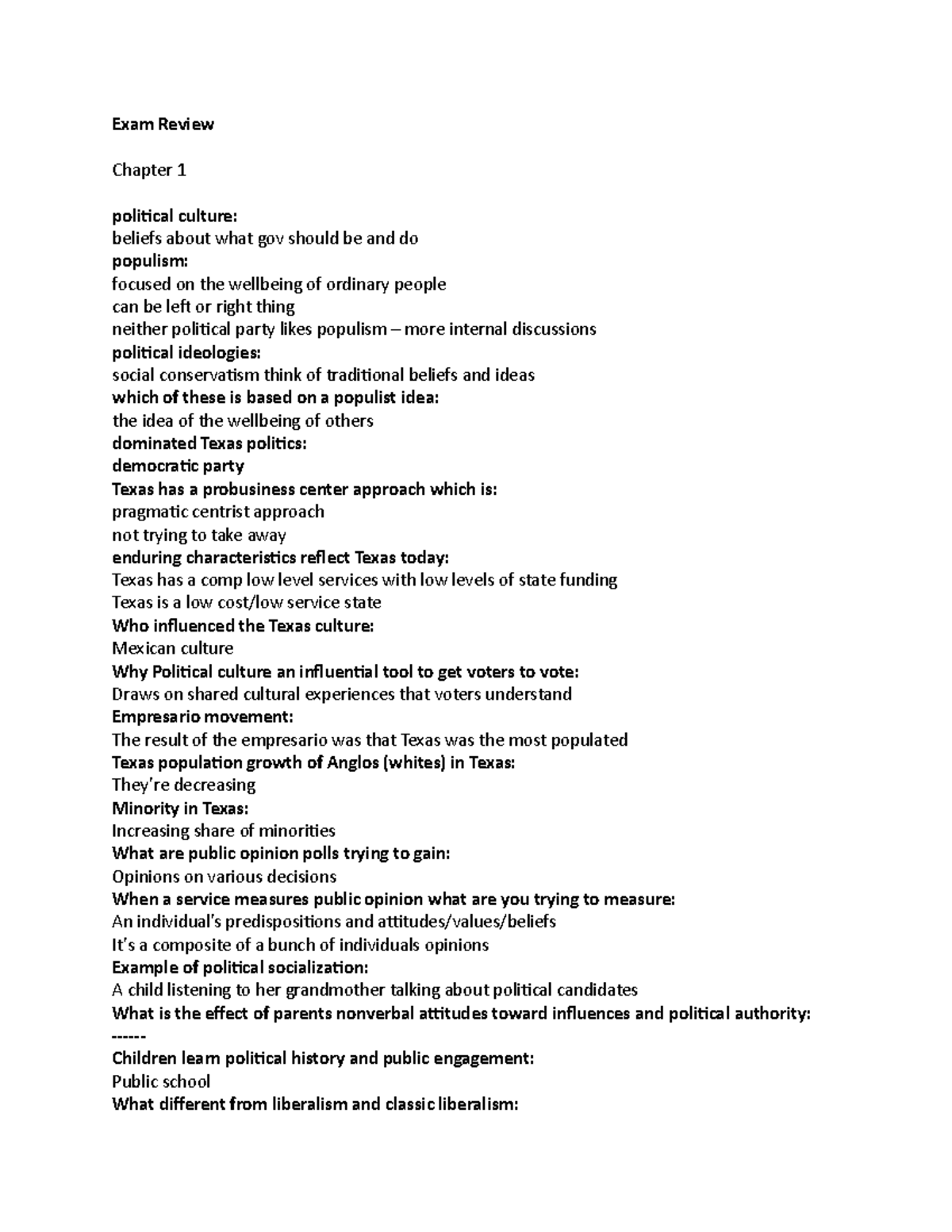 Polsi - n/a - Exam Review Chapter 1 political culture: beliefs about ...
