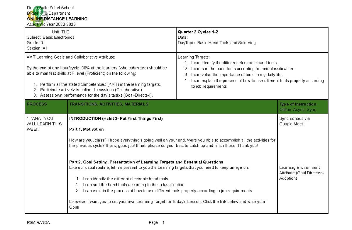 G9 TLE Miranda Planning Form 3 Q2 AY 2022-2023 - BRafeNHS Department ...