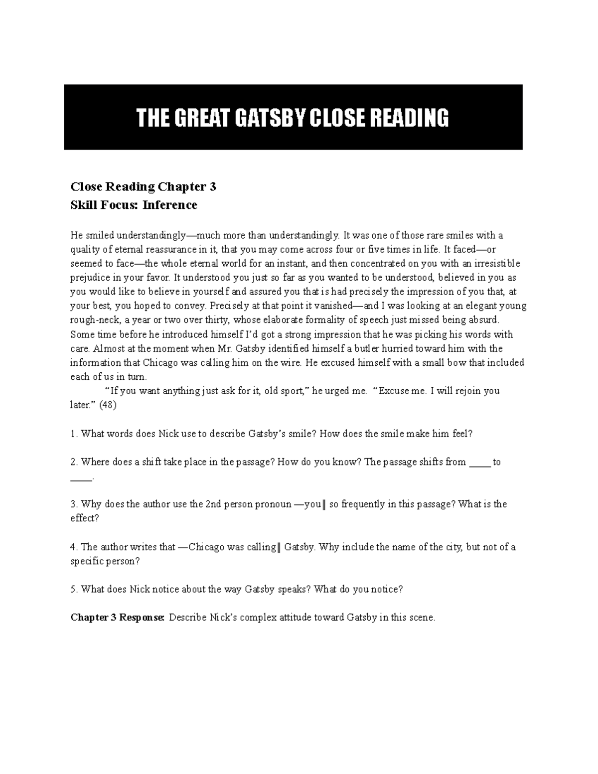 THE Great Gatsby Close Reading Chapter 3 - THE GREAT GATSBY CLOSE ...