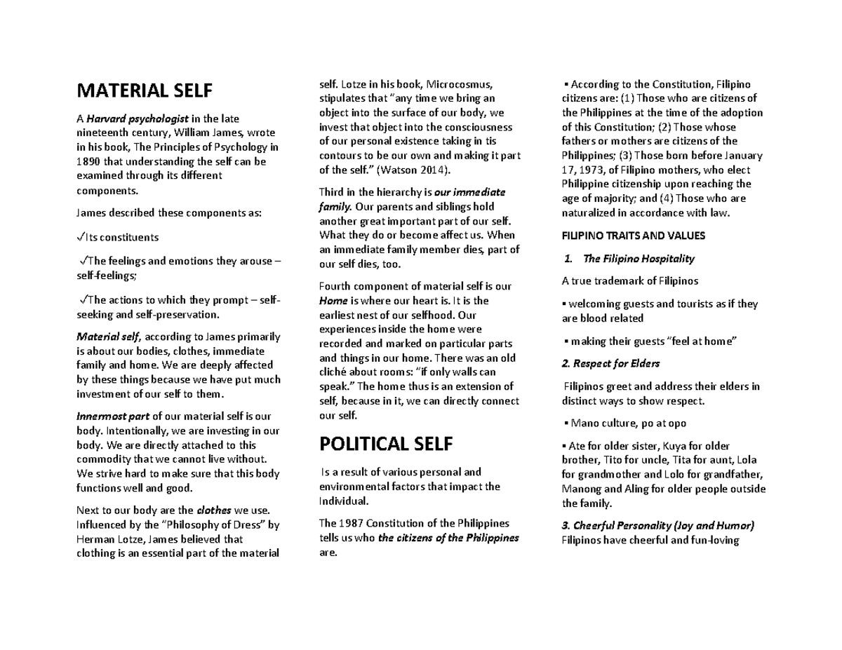 UTS Reviewer - MATERIAL SELF A Harvard psychologist in the late ...