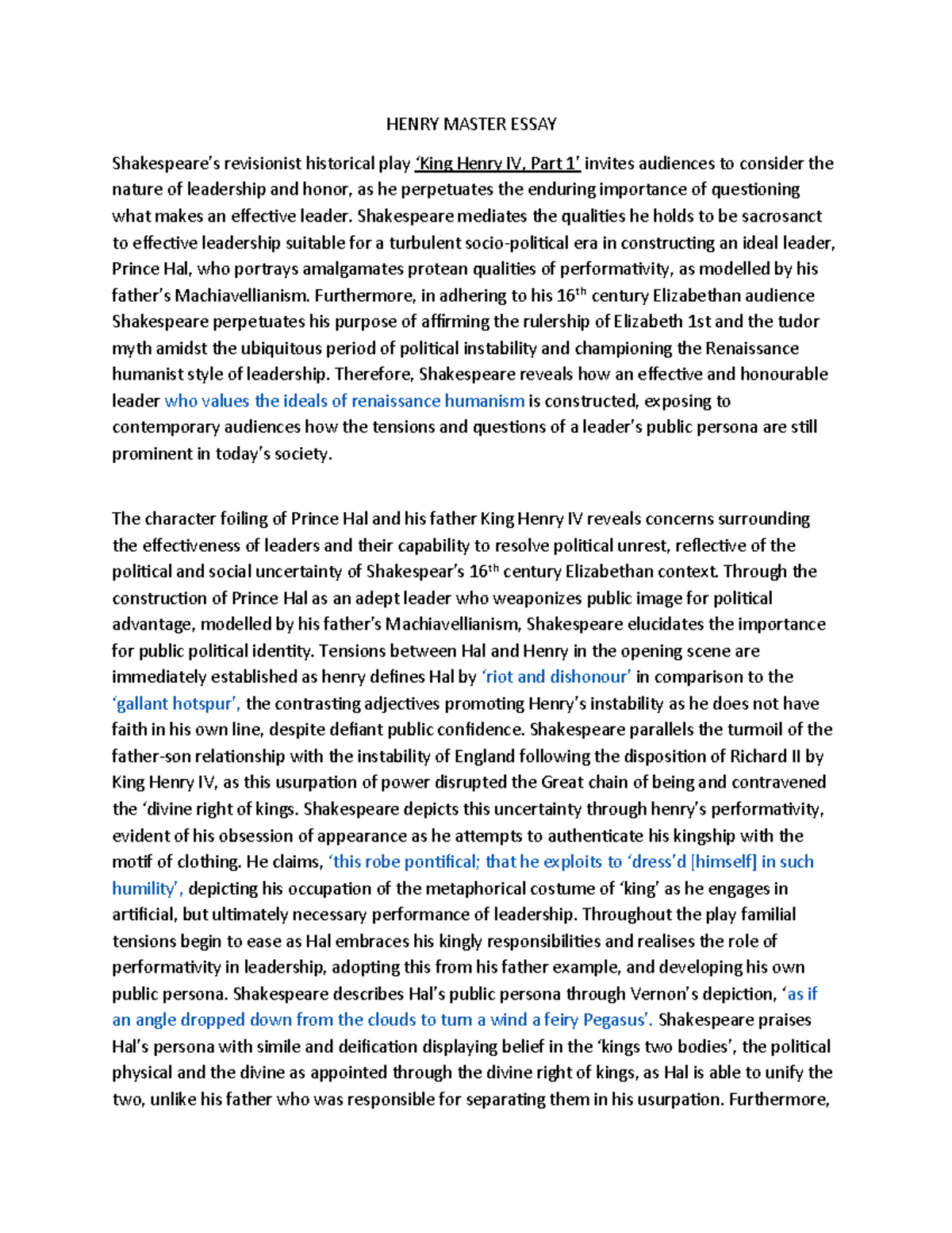 Henry Master Essay - HENRY MASTER ESSAY Shakespeare's revisionist ...