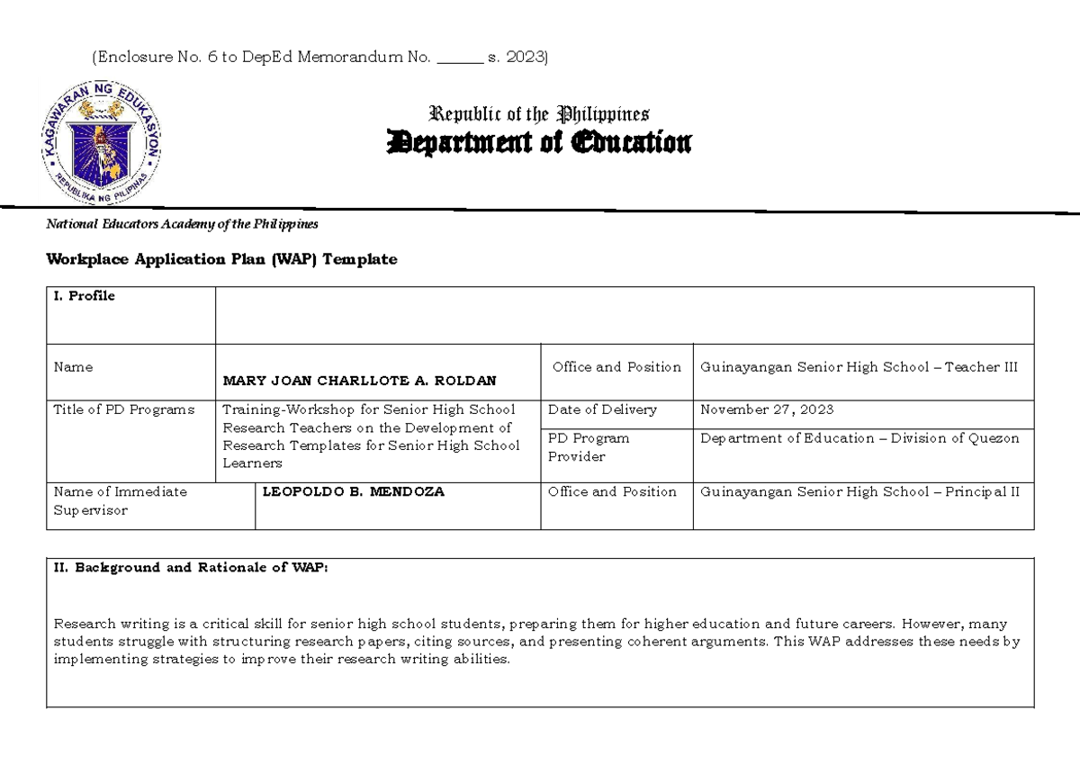 Workplace- Application-PLAN 1 - (Enclosure No. 6 to DepEd Memorandum No ...