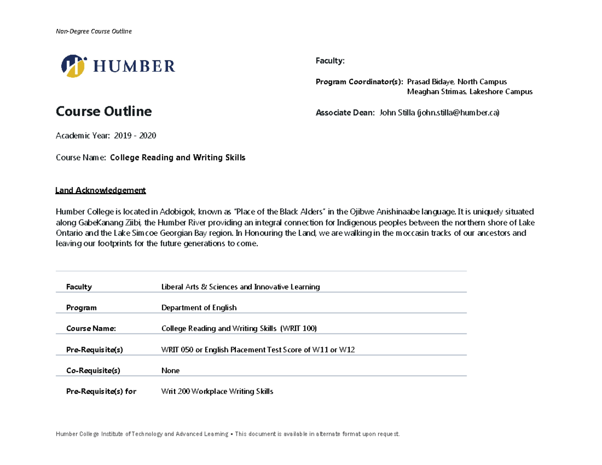 WRIT 100 - Summary College Reading and Writing Skills - Course Outline ...