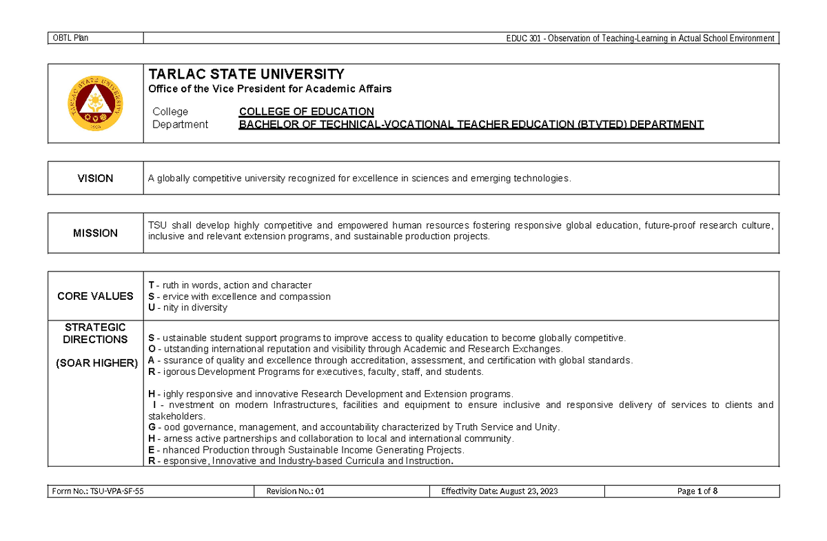 Educ 301 With New Vmgo Cgbxtykknu Tarlac State University Office Of