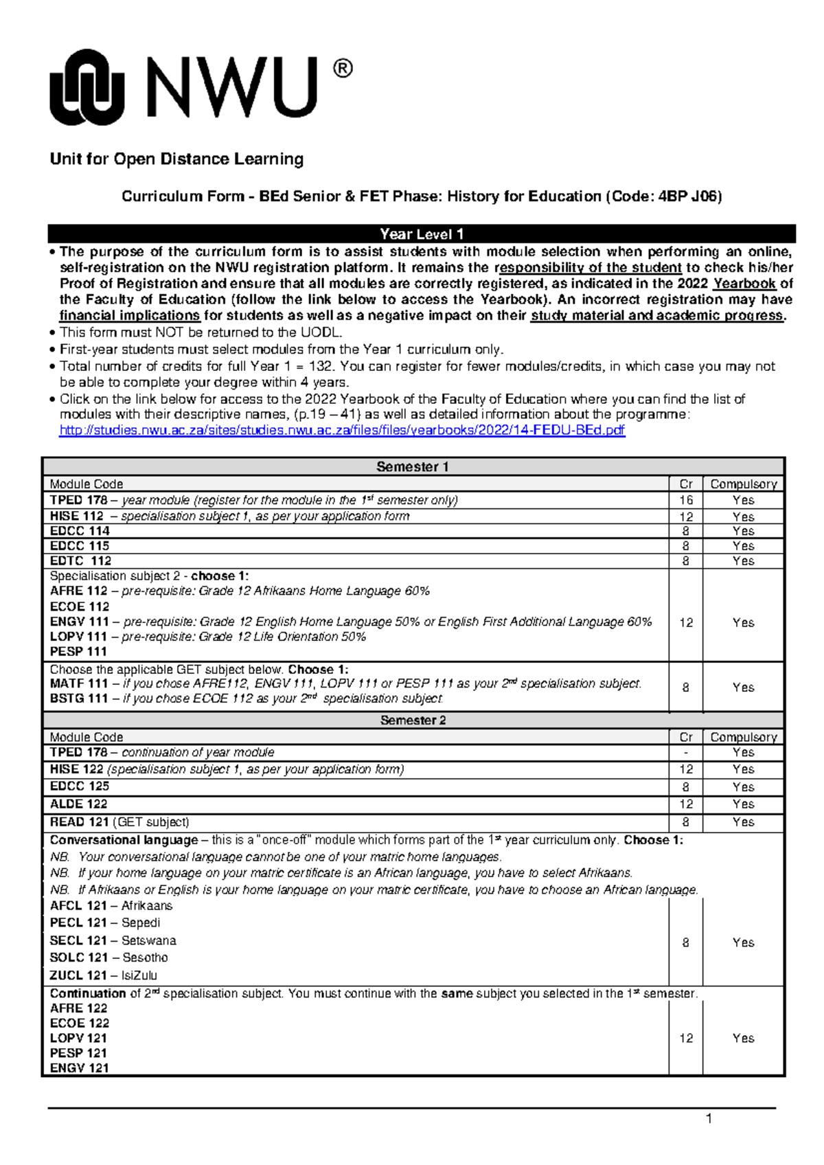 Curriculum Form BEd Senior & FET Phase 4BP J06 History - Unit for Open ...