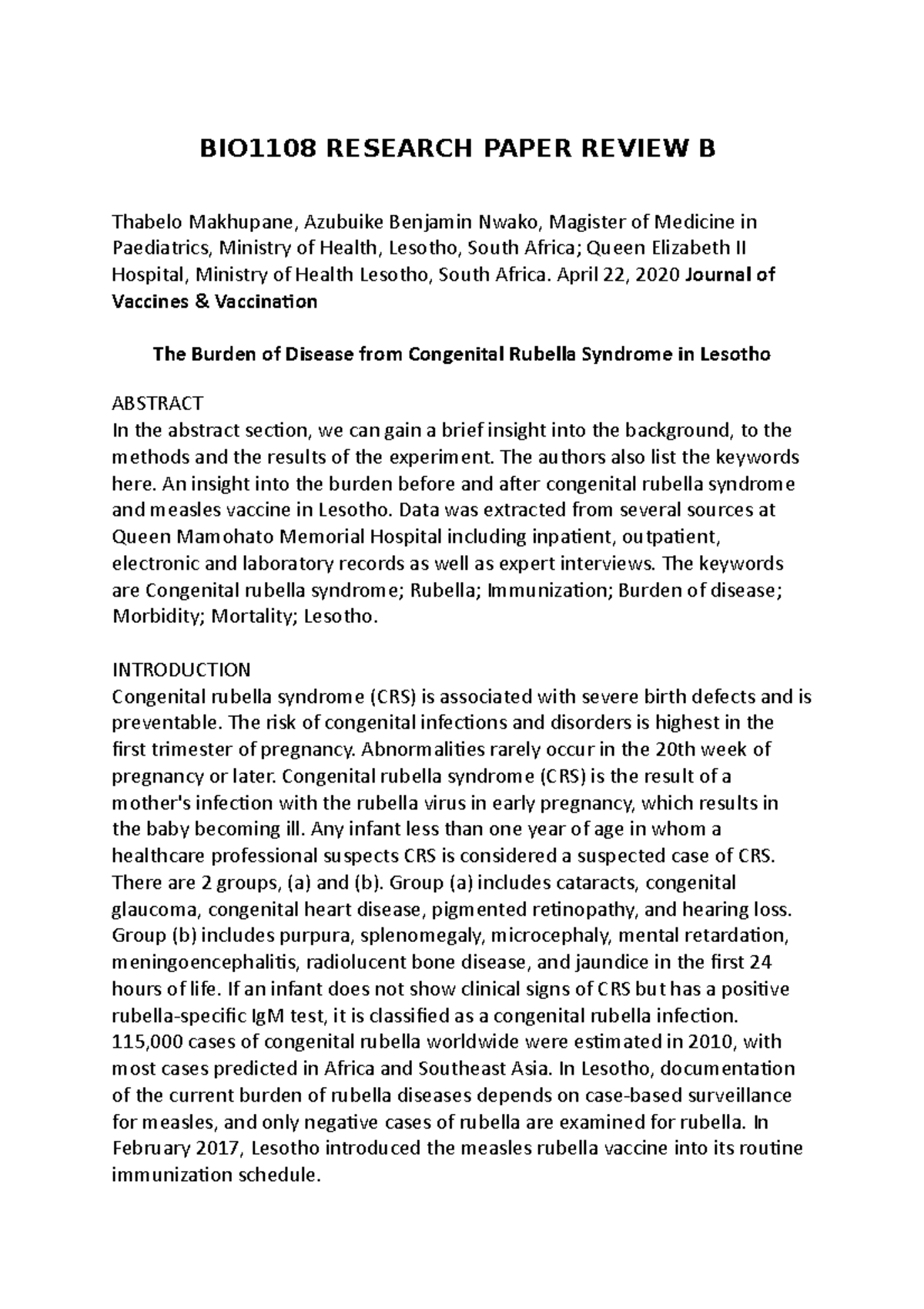 BIO1108 Research Paper Review B - BIO1108 RESEARCH PAPER REVIEW B ...