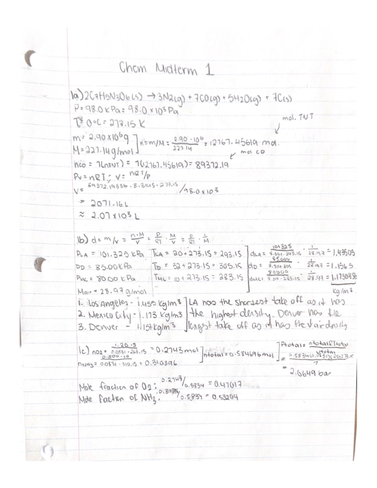 Chem Midterm 1 practice - Chem Midterm 1 19)2C7H5N306L5) 3N2(g) 700cg ...