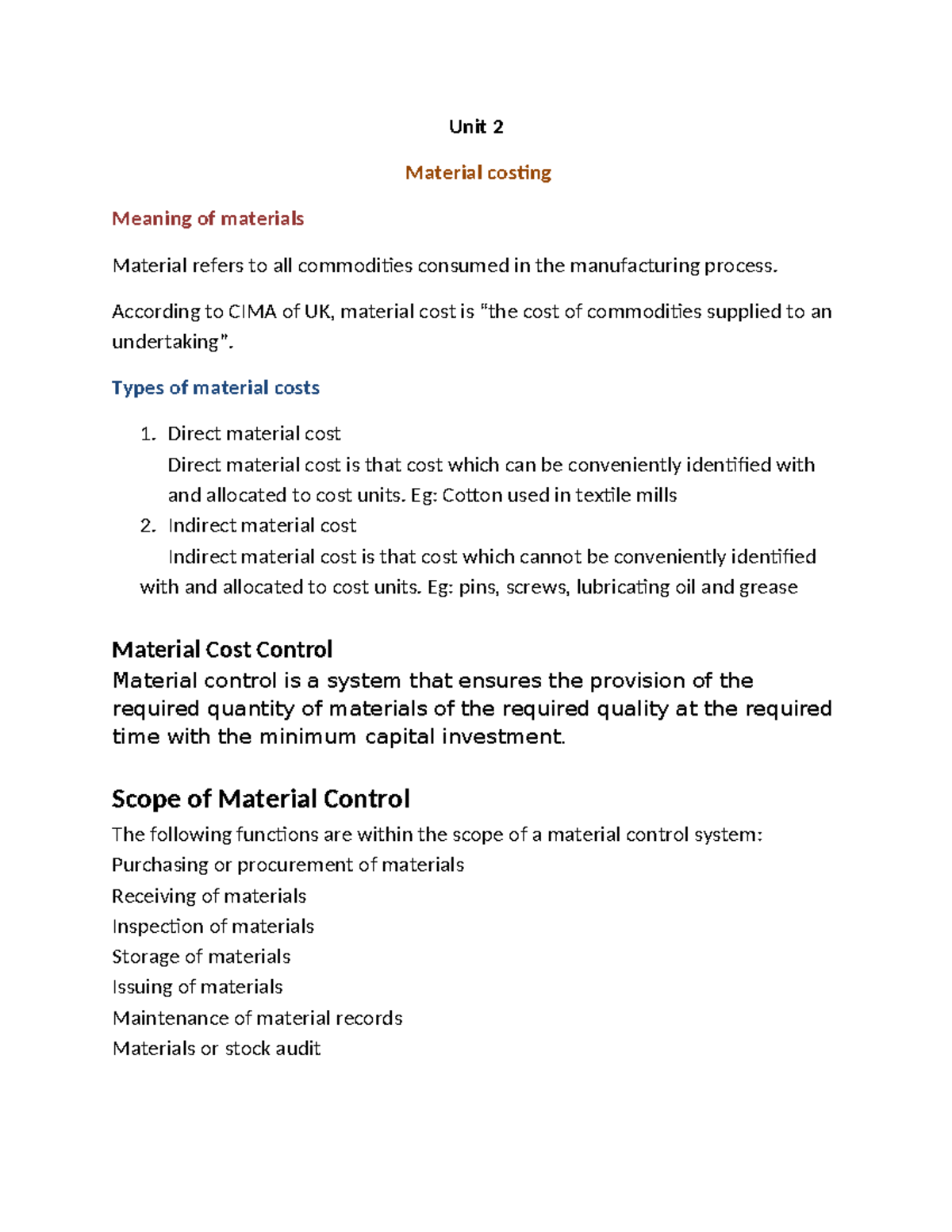Unit 2 theory - cost accounting - Unit 2 Material costing Meaning of ...