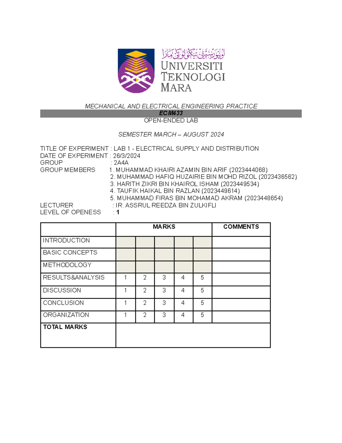 Report 1 ecm433 - MECHANICAL AND ELECTRICAL ENGINEERING PRACTICE ECM OPEN-ENDED LAB SEMESTER ...
