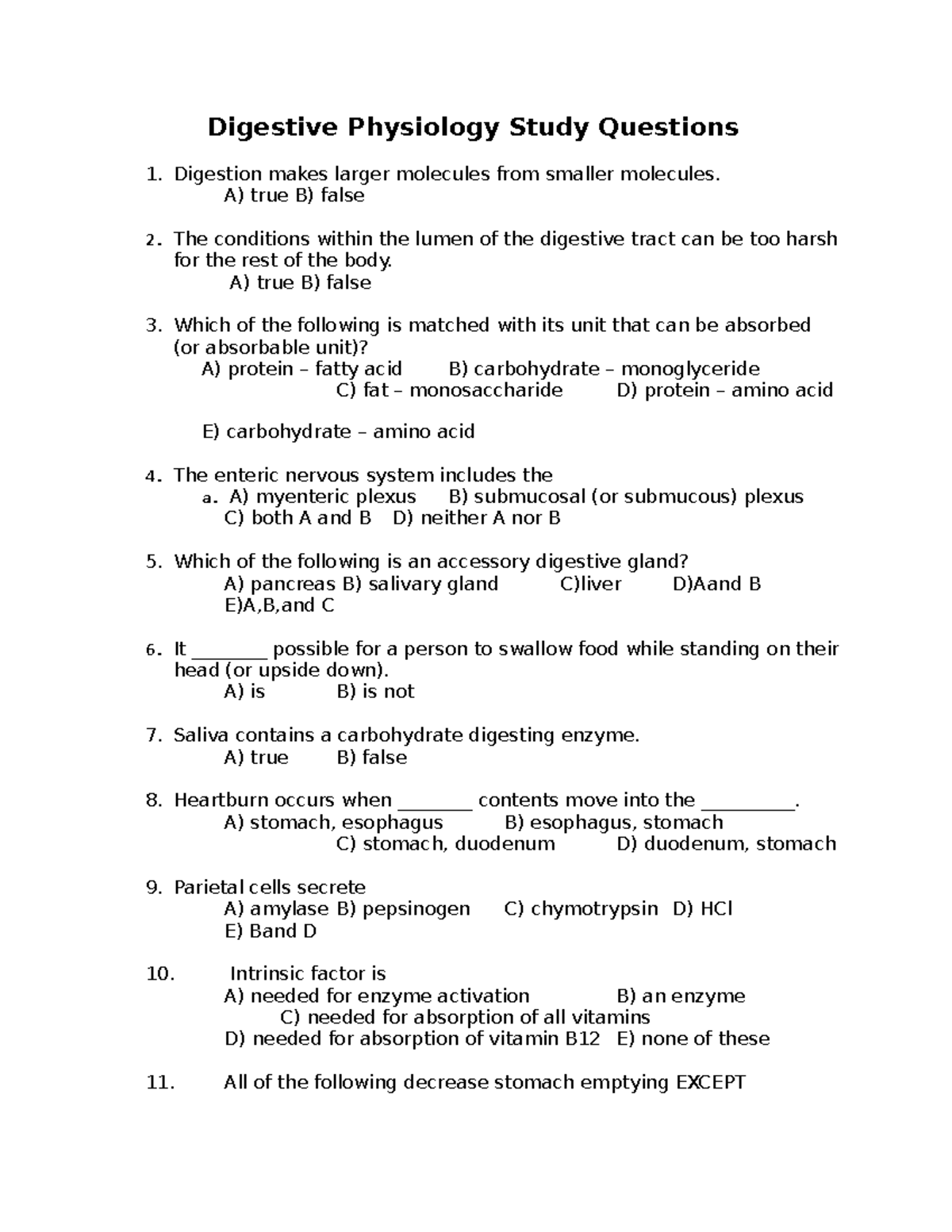 Worksheet - Digestive - Digestive Physiology Study Questions Digestion ...