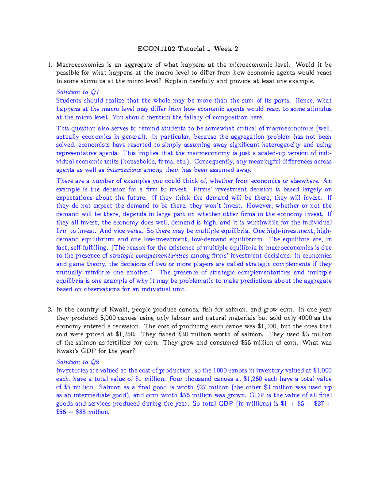 Tutorial 1 Econ1102 Sol Econ1102 Tutorial 1 Week 2 Macroeconomics Is An Aggregate Of What
