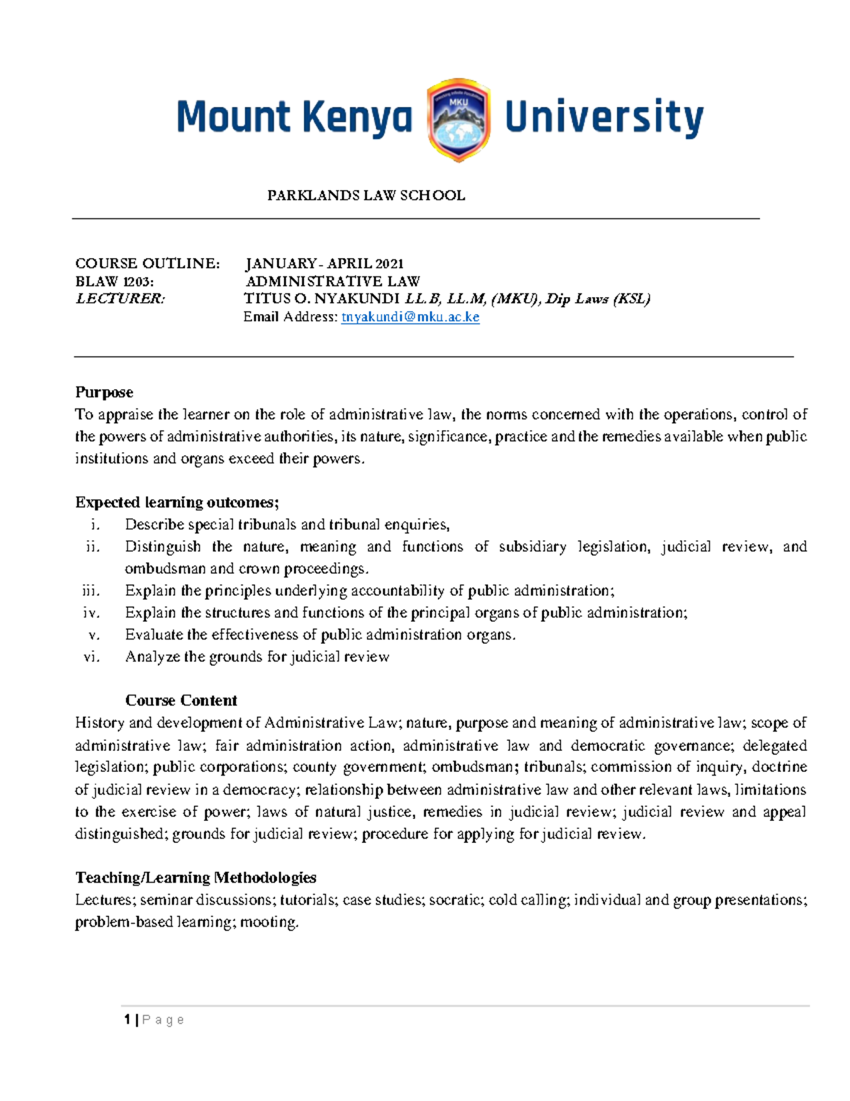 Admin LAW Course Outline- January- April 2021 - PARKLANDS LAW SCHOOL - Studocu