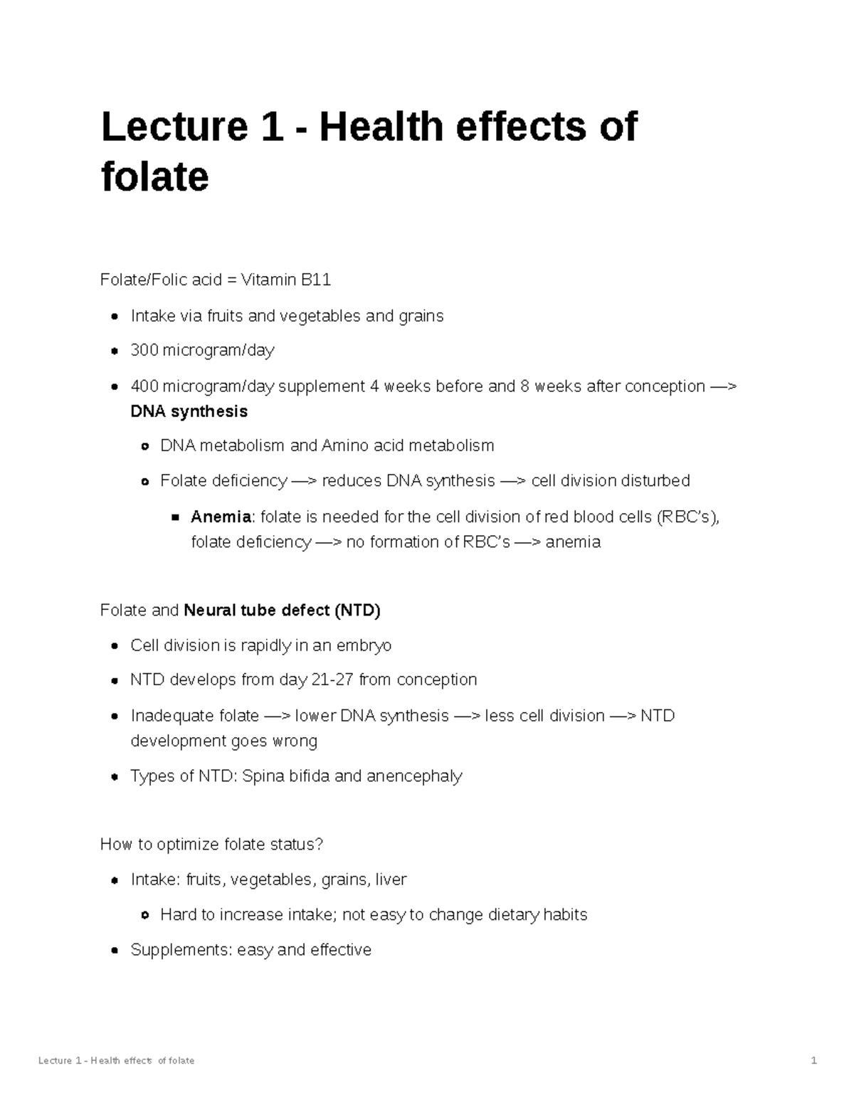 Lecture 1 - Health effects of folate - Lecture 1 - Health effects of ...