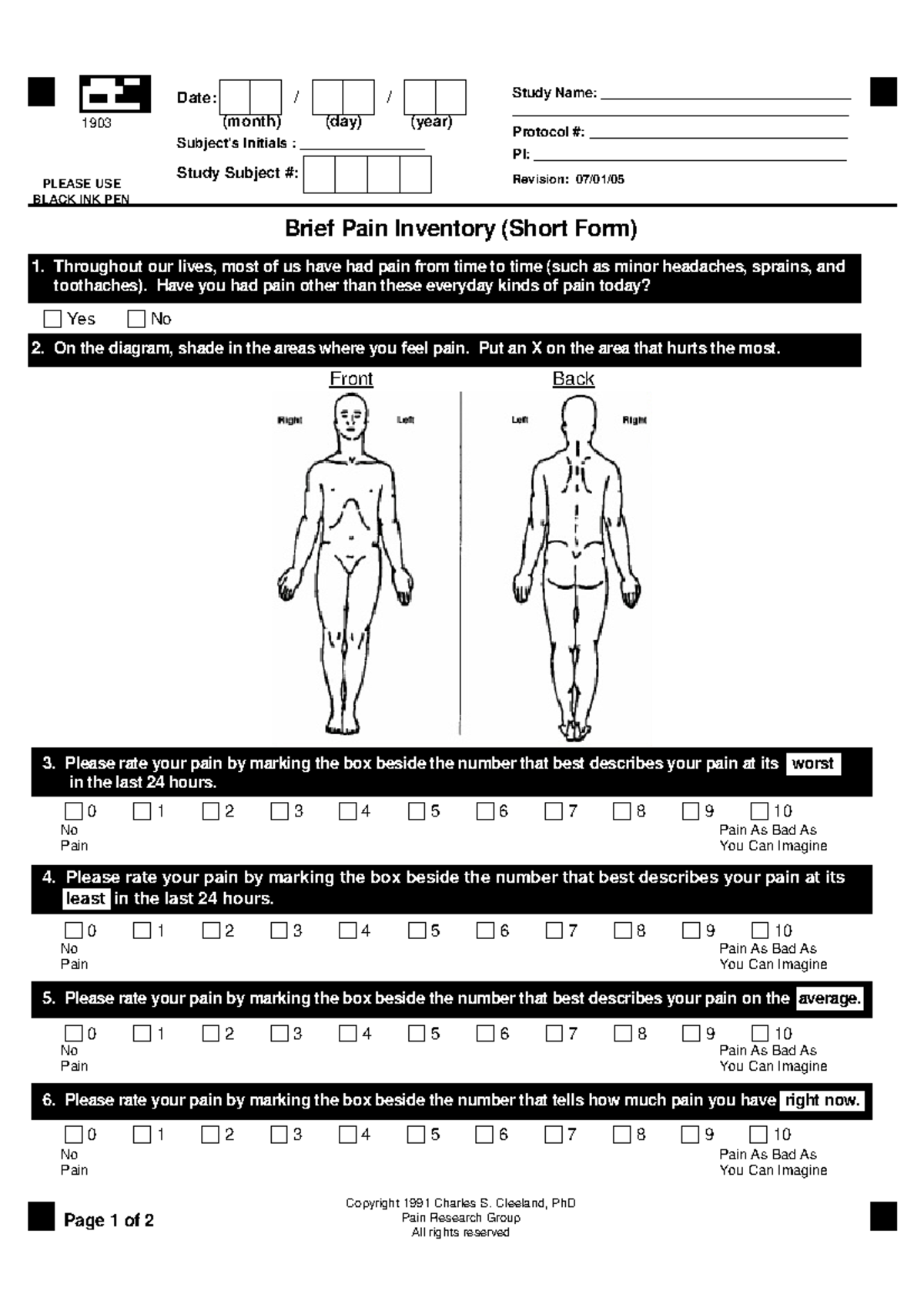 Briefpain short - asdasdas - Copyright 1991 Charles S. Cleeland, PhD ...