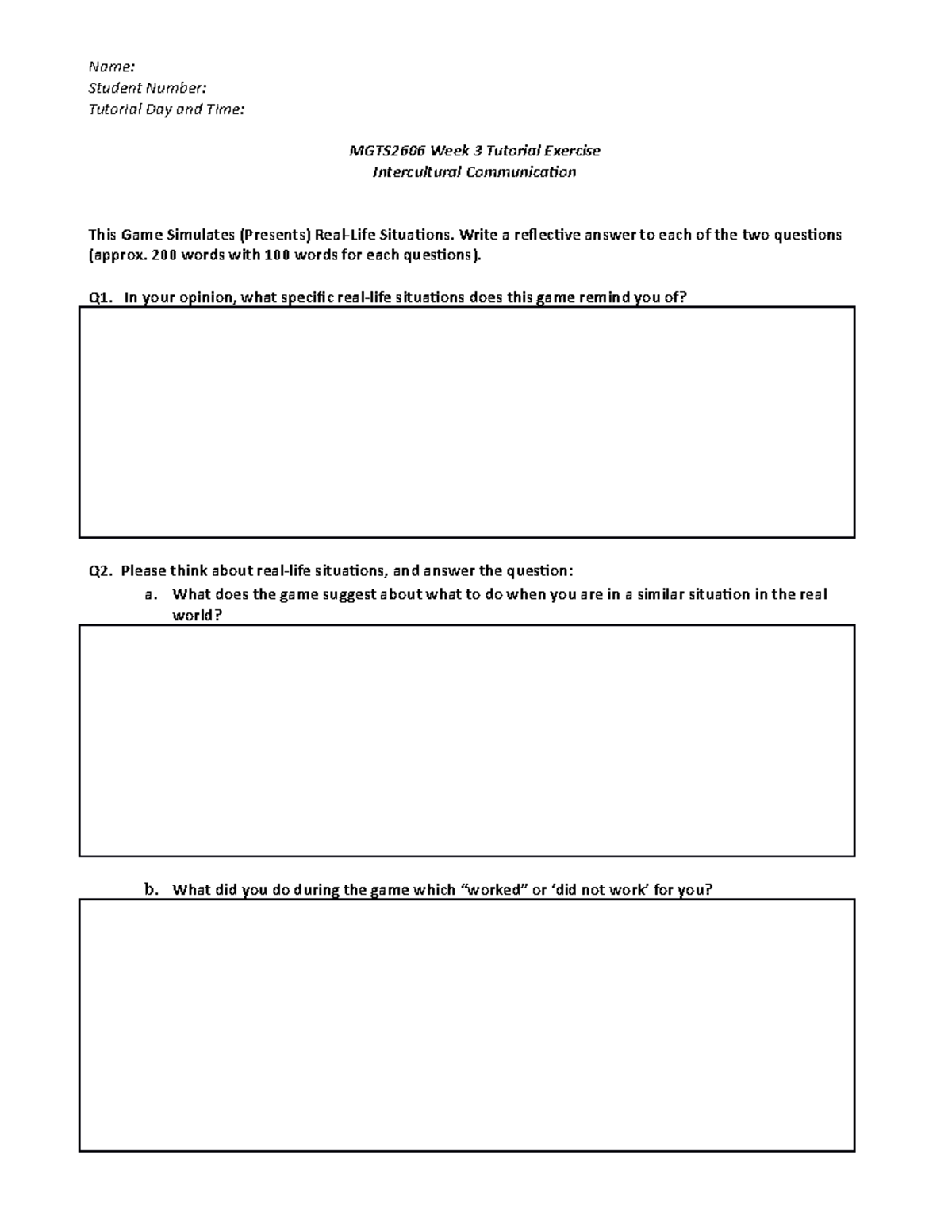 Week 3 Tutorial Exercise. Intercultural Communication. Worksheet - Name ...