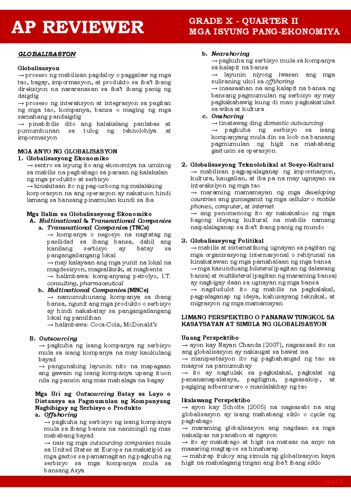 AP-Reviewer-II - reviewer for ap g10 - GLOBALISASYON Globalisasyon → ...